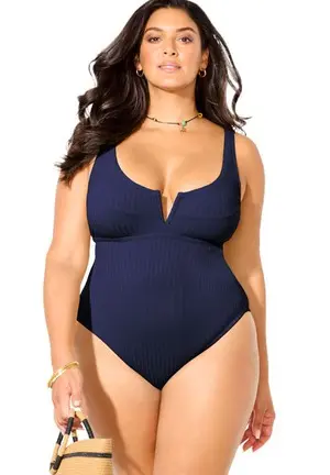 SWIMSUITS FOR ALL Ribbed V-Wire One-Piece Swimsuit With Adjustable Straps And Tummy Control Navy