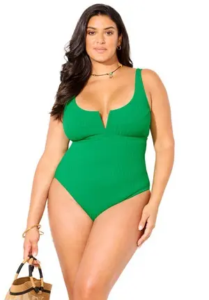 SWIMSUITS FOR ALL Ribbed V-wire One Piece Swimsuit - Retro Green