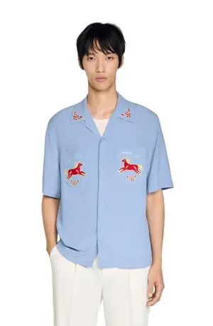 Sandro Embroidered Horse Loose-fit Shirt - Blue