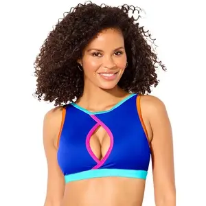 SWIMSUITS FOR ALL Shimmer Trim High-neck Keyhole Bikini Top - Royal Multi