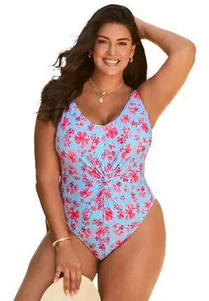 SWIMSUITS FOR ALL Twist-front V-neck One Piece Swimsuit - Horizon In Bloom
