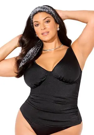 SWIMSUITS FOR ALL Shimmer Contrast Trim Tankini Top - Black