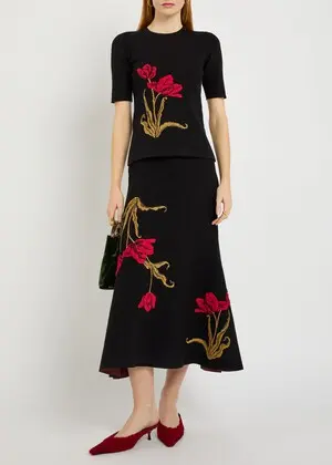 Erdem Floral Intarsia Knit Midi Skirt - Black