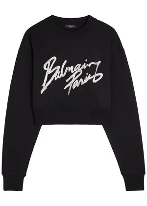 Balmain Logo-print Cropped Cotton Sweatshirt - Black And White