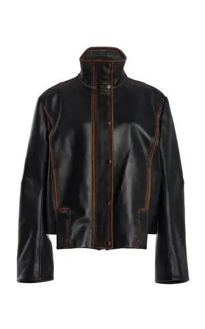 Brandon Maxwell The Mason High-neck Hand Distressed Leather Jacket