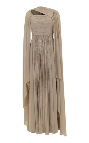 AQUILLORA Zenith Pleated Embellished Chiffon Caftan Dress - Tan