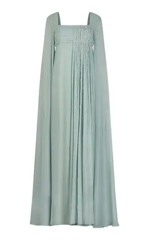 AQUILLORA Zenith Pleated Embellished Chiffon Caftan Dress - Turquoise