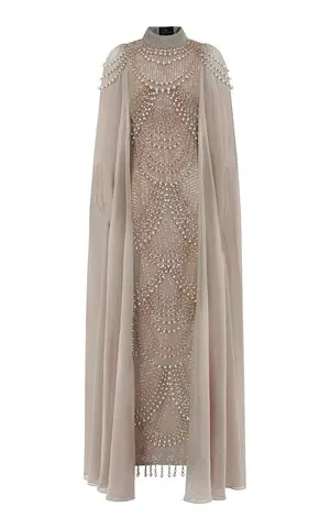 AQUILLORA Twilight Embellished Chiffon Caftan Dress - Tan