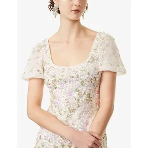 NEEDLE & THREAD Dream Garland Puff-sleeve Mesh Gown - Cream/multi