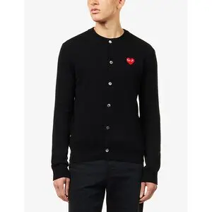 Play Comme Des Garcon Heart-embroidered Knitted Wool Cardigan - Black