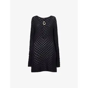 AWAY THAT DAY Havana Plunge Crochet Knit Mini Dress - Black