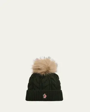 Moncler Cable-knit Wool-cashmere Beanie With Shearling Pom - Olive