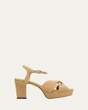 JIMMY CHOO 80mm Heloise Linen Platform Sandals - Camel
