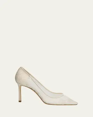 JIMMY CHOO 85mm Romy Lace Pointed-Toe Pumps - Ivory