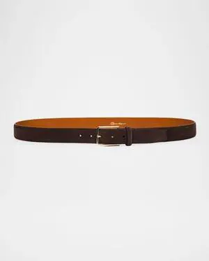 Santoni Suede Belt With Rectangle Buckle - Brown