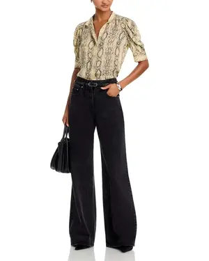 FRAME Silk Snake Printed Puff Sleeve Shirt - Camel Multi