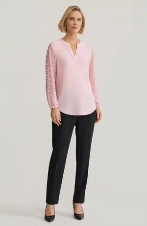 KASPER Split Neck Lace Sleeve Tunic Top