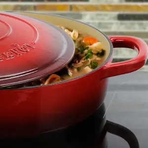 CROCK-POT Enameled Cast Iron 5 Quart Round Braiser Pan With Self Basting Lid - Red