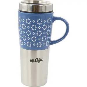 MR. COFFEE Travertine 16 Ounce Stoneware And Stainless Steel Travel Mug With Lid - Blue