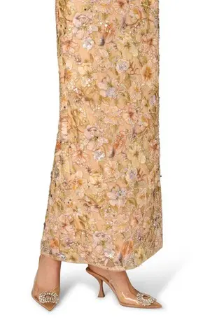 Aidan Mattox Sequin Floral Appliqué Sheath Gown - Champagne Multi
