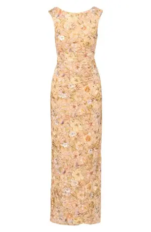 Aidan Mattox Sequin Floral Appliqué Sheath Gown - Champagne Multi