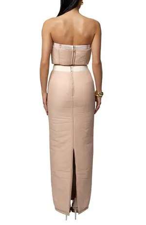 JLUXLABEL Quilted Strapless Crop Top And Column Maxi Skirt Set - Beige