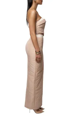 JLUXLABEL Quilted Strapless Crop Top And Column Maxi Skirt Set - Beige