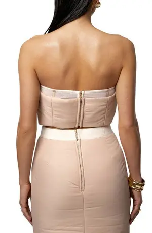 JLUXLABEL Quilted Strapless Crop Top And Column Maxi Skirt Set - Beige