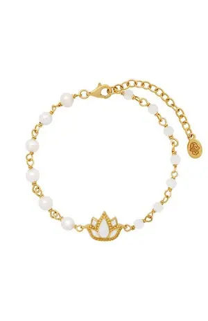 KARMA AND LUCK Rainbow Moonstone Lotus Gold Plated Chain Bracelet - Gold/white