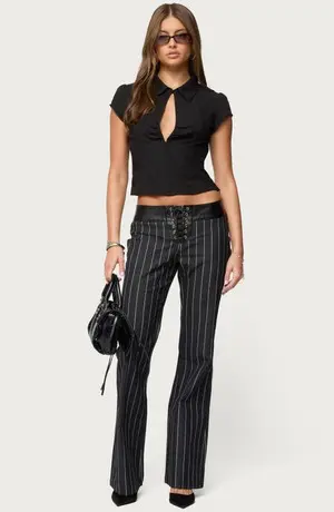 EDIKTED Pinstripe Faux Leather Lace-up Flare Pants