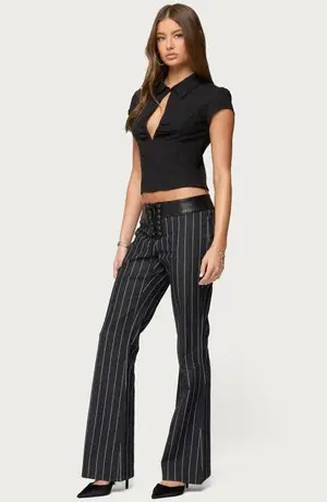 EDIKTED Pinstripe Faux Leather Lace-up Flare Pants