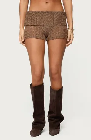 EDIKTED Sheer Texture Foldover Shorts - Brown