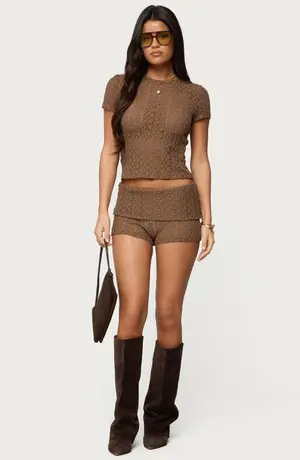 EDIKTED Sheer Texture Foldover Shorts - Brown