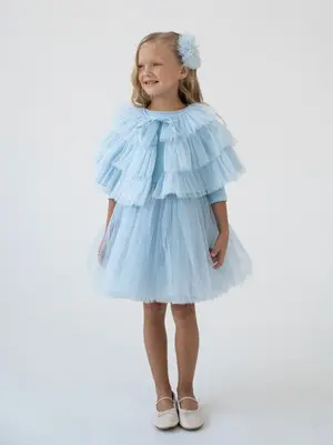 MINI CELEBRITIES Tulle Dress Set With Ruffled Cape - Cool Blue