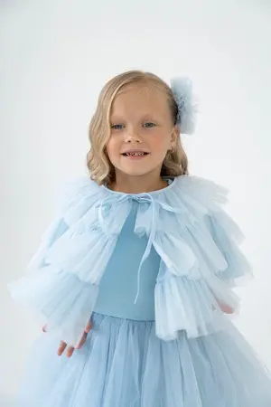 MINI CELEBRITIES Tulle Dress Set With Ruffled Cape - Cool Blue
