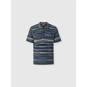 Missoni Cotton Knit Polo Shirt With Chevron Pattern - Blue