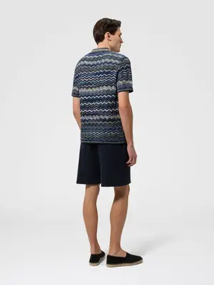 Missoni Cotton Knit Polo Shirt With Chevron Pattern - Blue