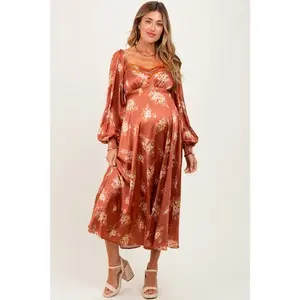 PINKBLUSH Satin Floral Bubble Sleeve Midi Dress - Rust