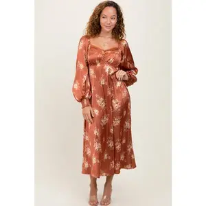 PINKBLUSH Satin Floral Bubble Sleeve Midi Dress - Rust