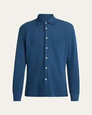 Kiton Pique Button-down Shirt With Bar Tack Pocket - Navy