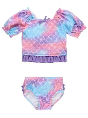 RUFFLEBUTTS Upf 50+ Puff Sleeve Ruffle Tankini 2-piece Swimsuit - Shimmer Mermaid Tale