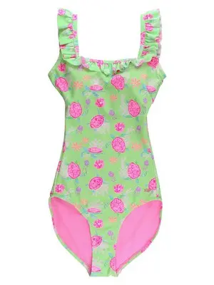 RUFFLEBUTTS UPF 50+ Ruffle One-Piece Swimsuit Neon Turtle Tide