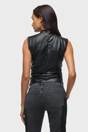Hudson Jeans Sleeveless Vegan Leather Top With Side Seam Ruching - Black