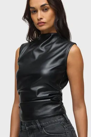 Hudson Jeans Sleeveless Vegan Leather Top With Side Seam Ruching - Black