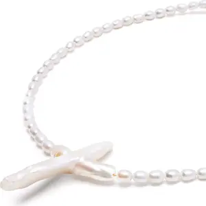 NIALAYA Pearl Cross Choker Necklace - White