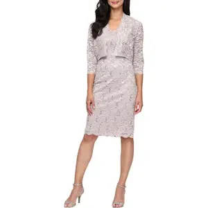 SL FASHIONS Sequin Stretch Lace Sheath Dress With Jacket - Buff