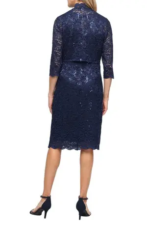 SL FASHIONS Sequin Stretch Lace Sheath Dress With Jacket