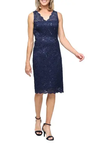 SL FASHIONS Sequin Stretch Lace Sheath Dress With Jacket
