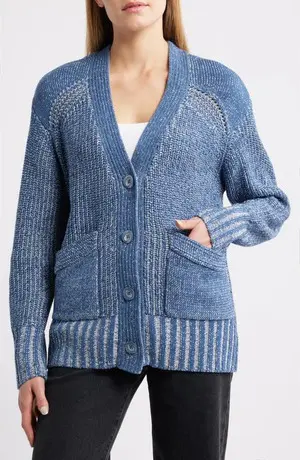CITY BLUES Cotton Blend Button-front Cardigan - Cadet Blue