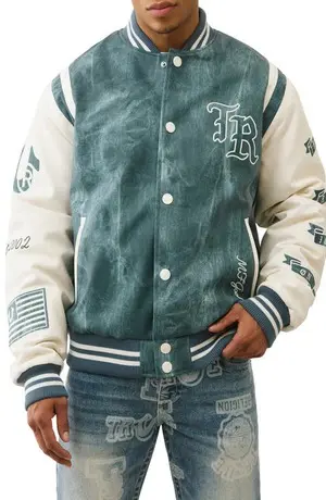 True Religion Varsity Denim & Faux Leather Jacket - Denim/winter White